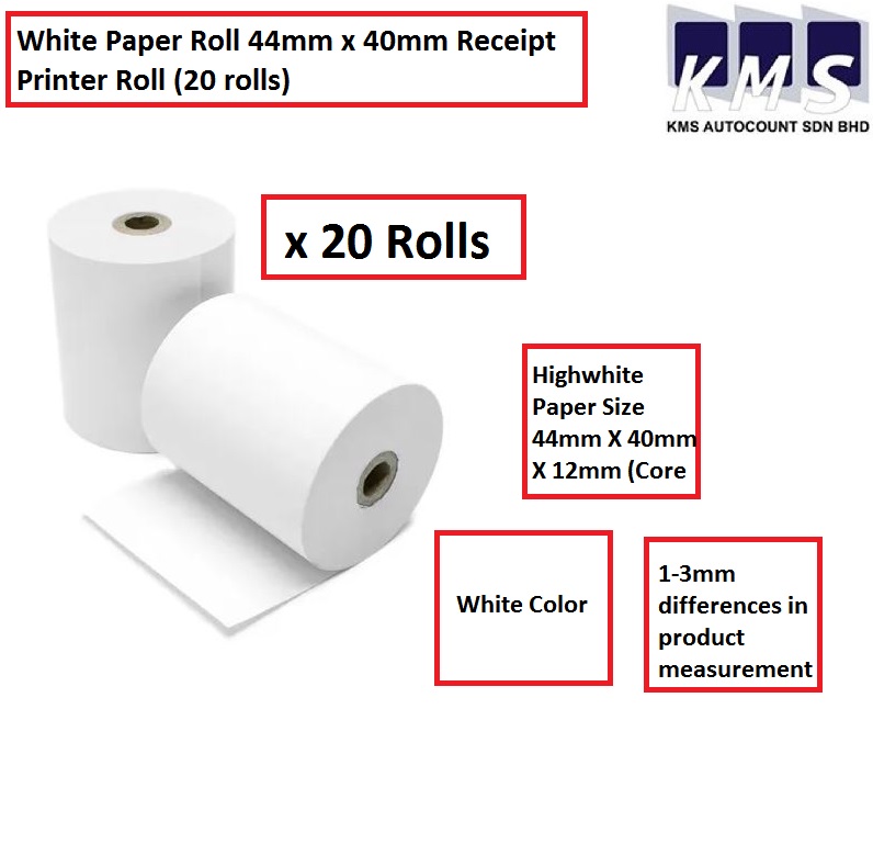 White Paper Roll 44mm x 40mm Receipt Printer Roll (20 rolls)